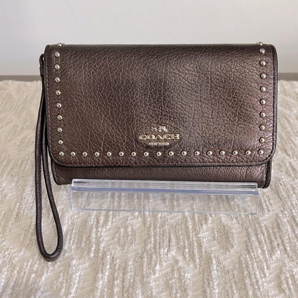 Coach | Bags | Coach Rivets Bronze Brown Leather Wristlet Wallet | Poshmark